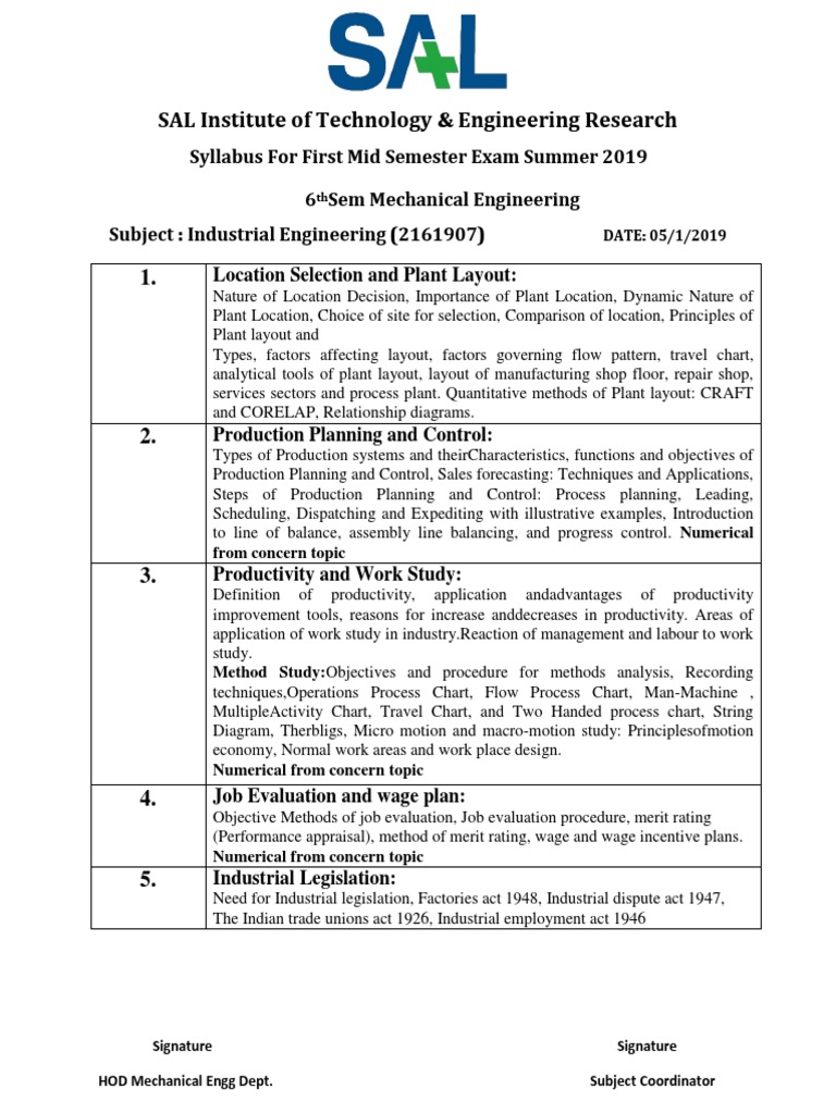 Mid Syllabus Ie 2019 | PDF | Industrial Engineering | Employment