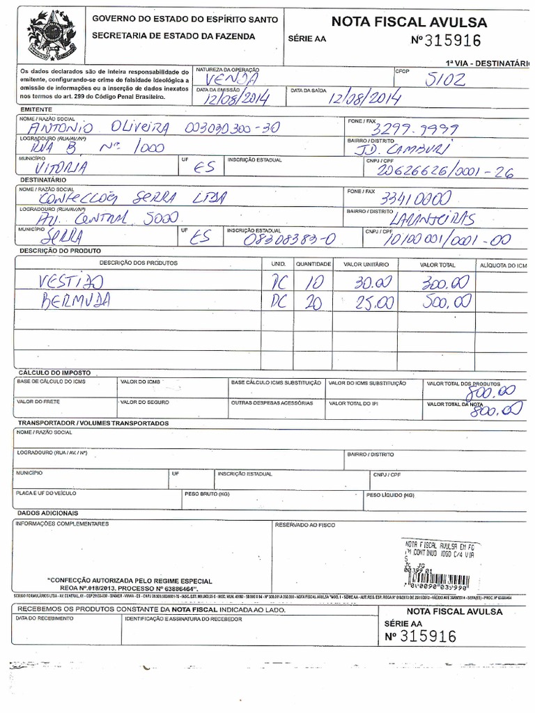 Modelo NF Avulsa | PDF