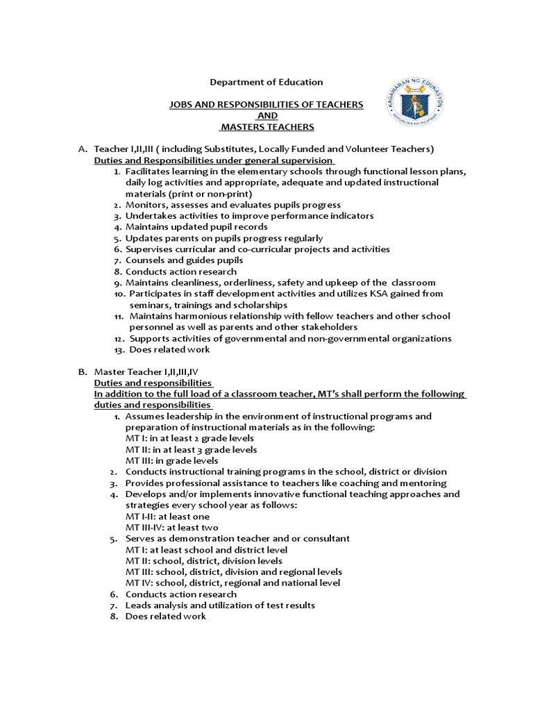 Duties and Responsibilities of Teachers and Master Teachers | PDF ...