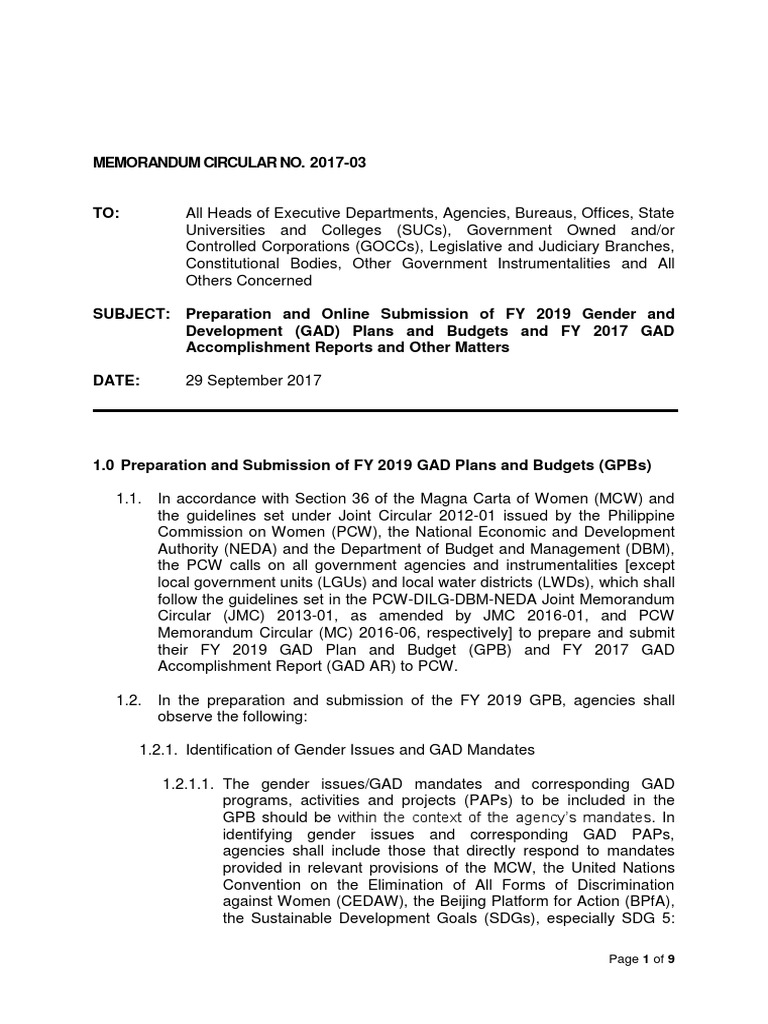 Memo Circular No.2017.03.2019 GAD Budget Call | PDF | Gender ...