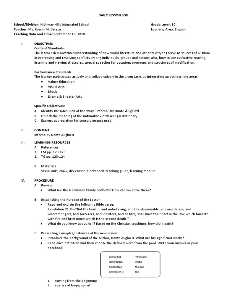 Lesson Plan On Inferno by Dante Alighieri | PDF | Inferno (Dante) | Hell