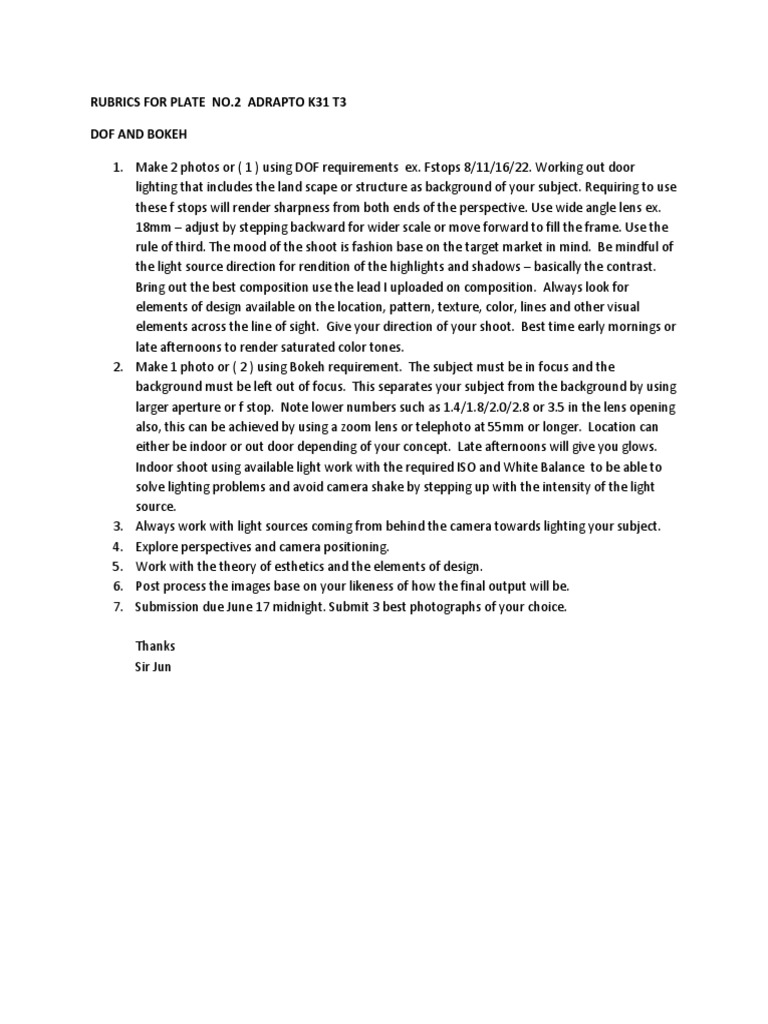 Mastering Depth of Field and Bokeh Through Practical Photography Assignments | PDF