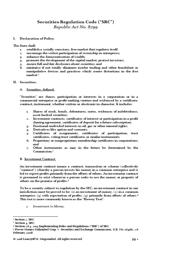 Securities Regulation Code ("SRC") : Republic Act No. 8799 | PDF ...