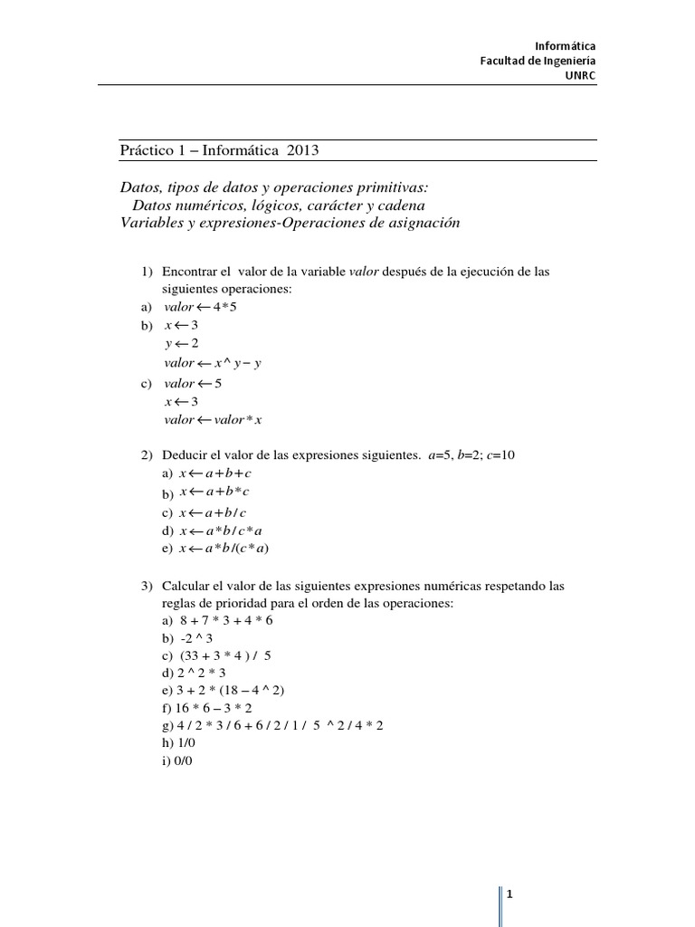 Práctico 1 de Informática: Tipos de datos, variables y operaciones en MATLAB | PDF | Variable ...