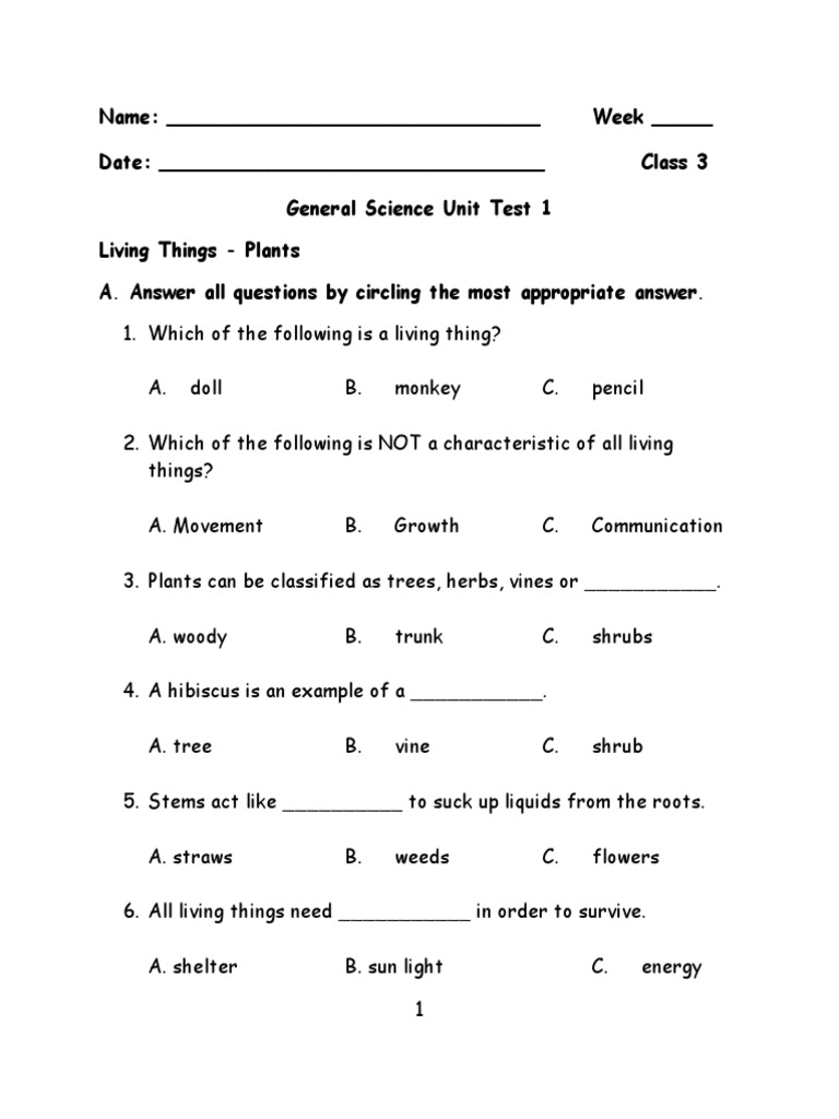 Living Things - Unit Test 1 | PDF | Flowers | Petal