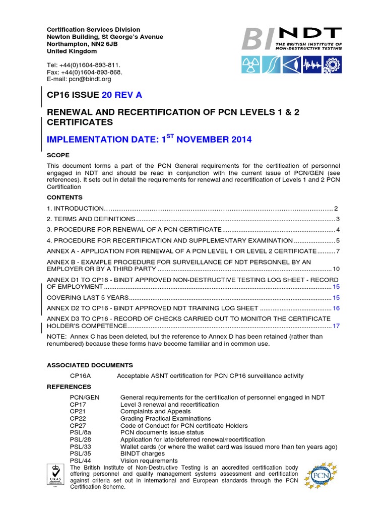 Cp16 Issue Renewal and Recertification of PCN Levels 1 & 2 Certificates ...