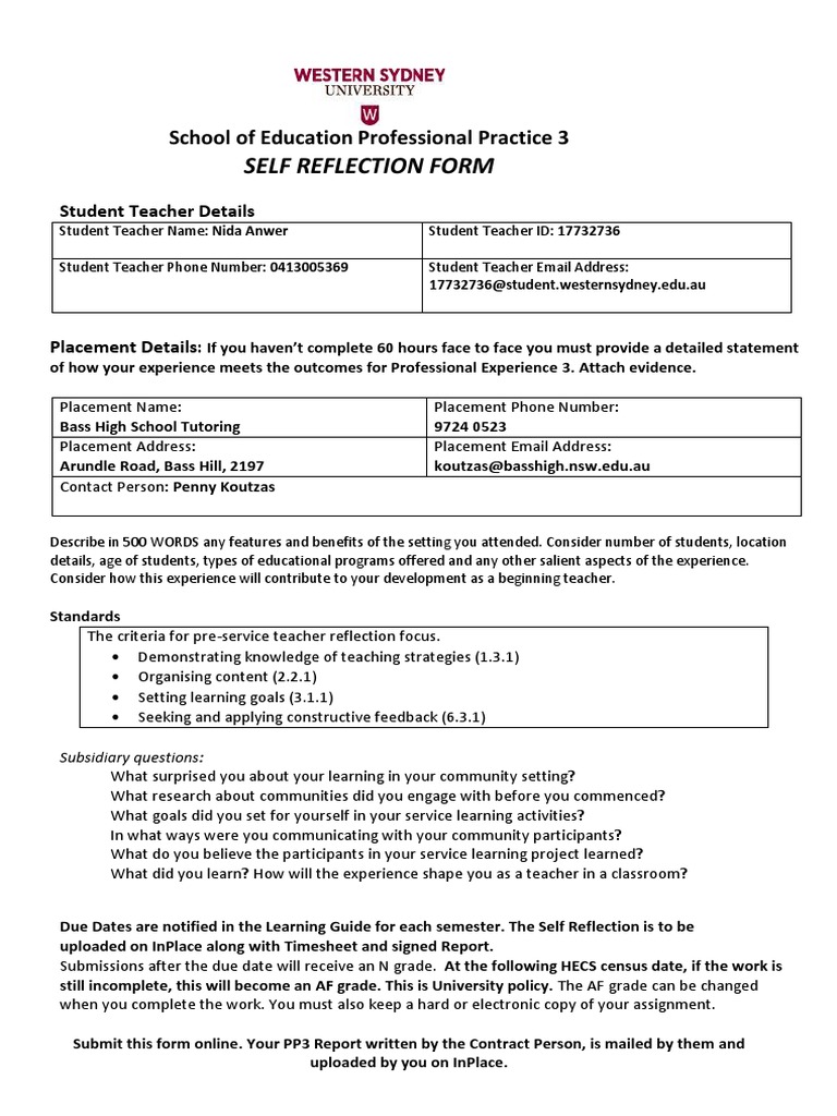 pp3 Self Reflection Form Final | PDF | Service Learning | Special Education