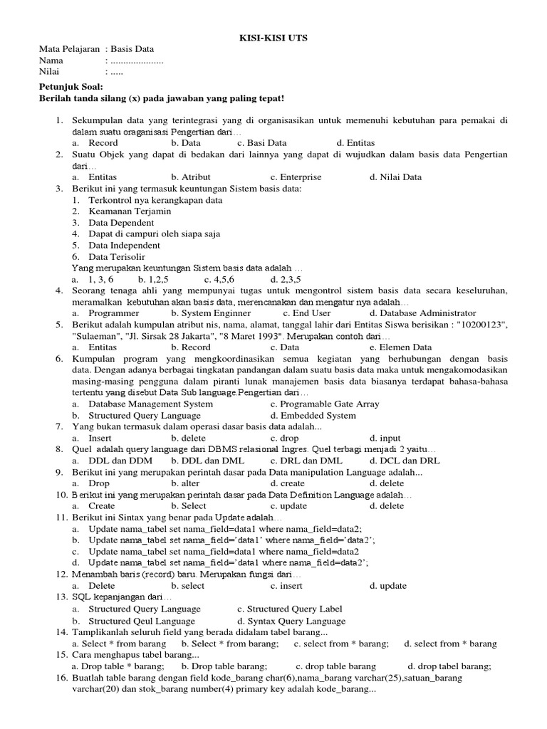 Kisi-Kisi UTS Basis Data 2023 | PDF