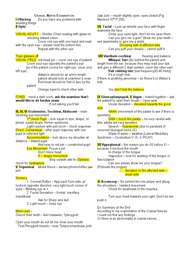 Cranial Nerve Examination Guide | PDF | Senses | Face