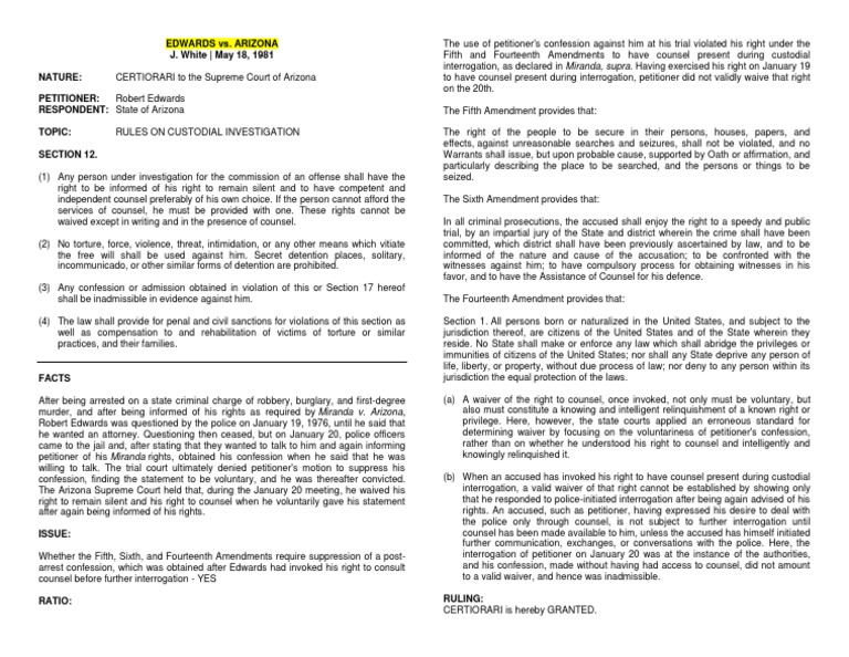 Edwards vs. Arizona J. White - May 18, 1981 Nature: Petitioner ...