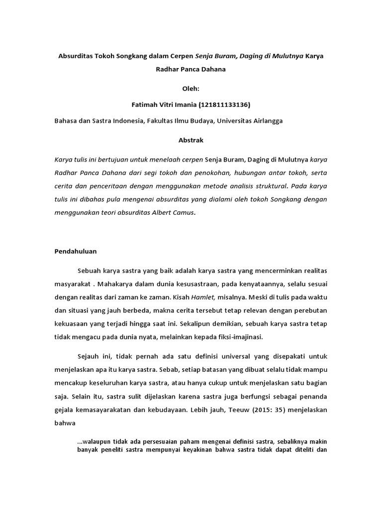 Absurditas Tokoh Songkang dalam Cerpen | PDF