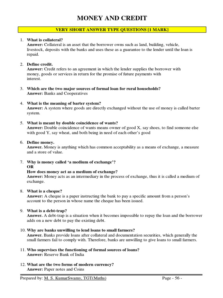 Money and Credit Important Questions and Answers PDF | PDF | Loans | Credit