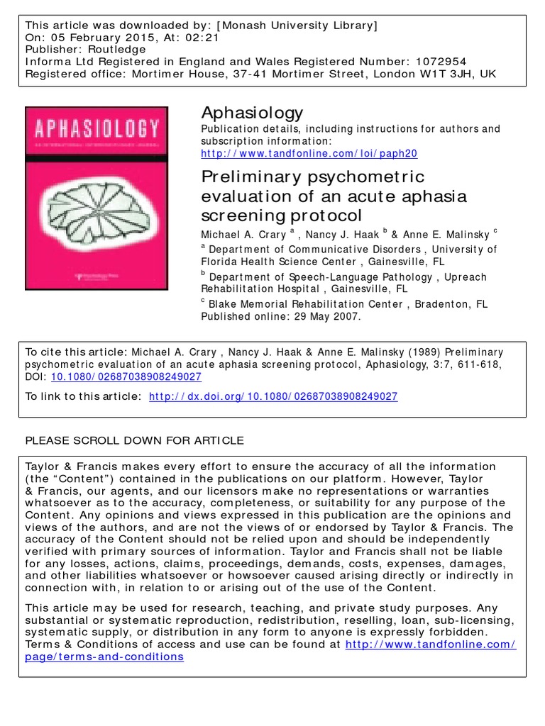Acute Aphasia Screening Protocol Evaluation | PDF | Aphasia | Psychometrics
