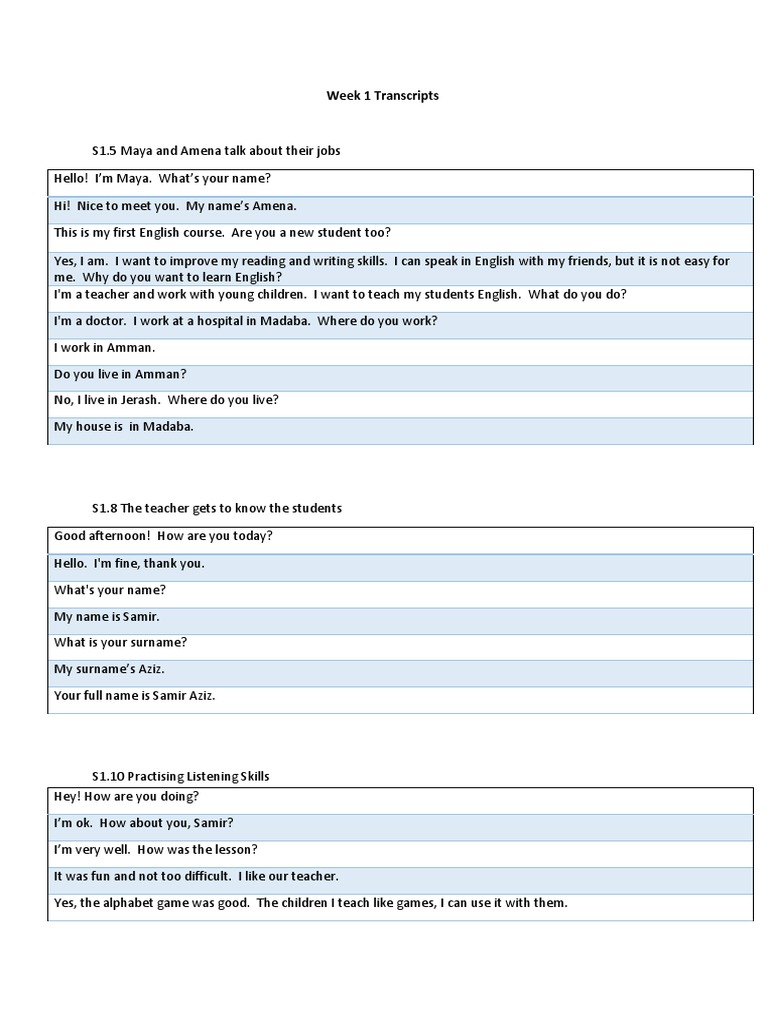 Basic English 1 Elementary Week 1 Transcripts | PDF