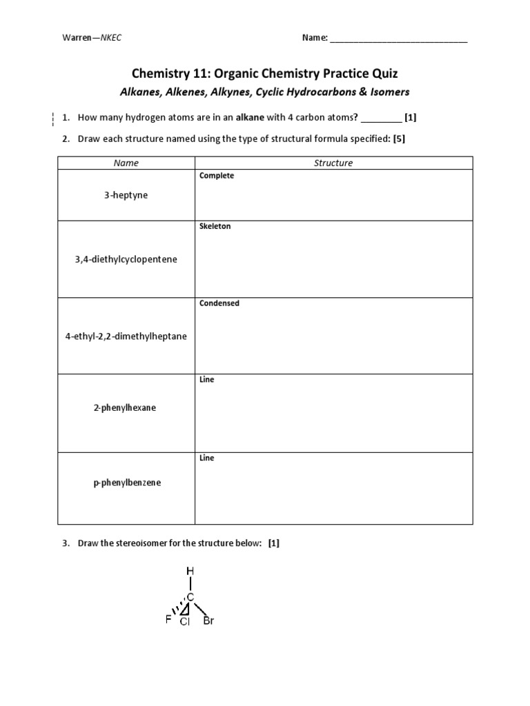 Alkane Alkene Alkyne Isomer Practice Quiz | PDF