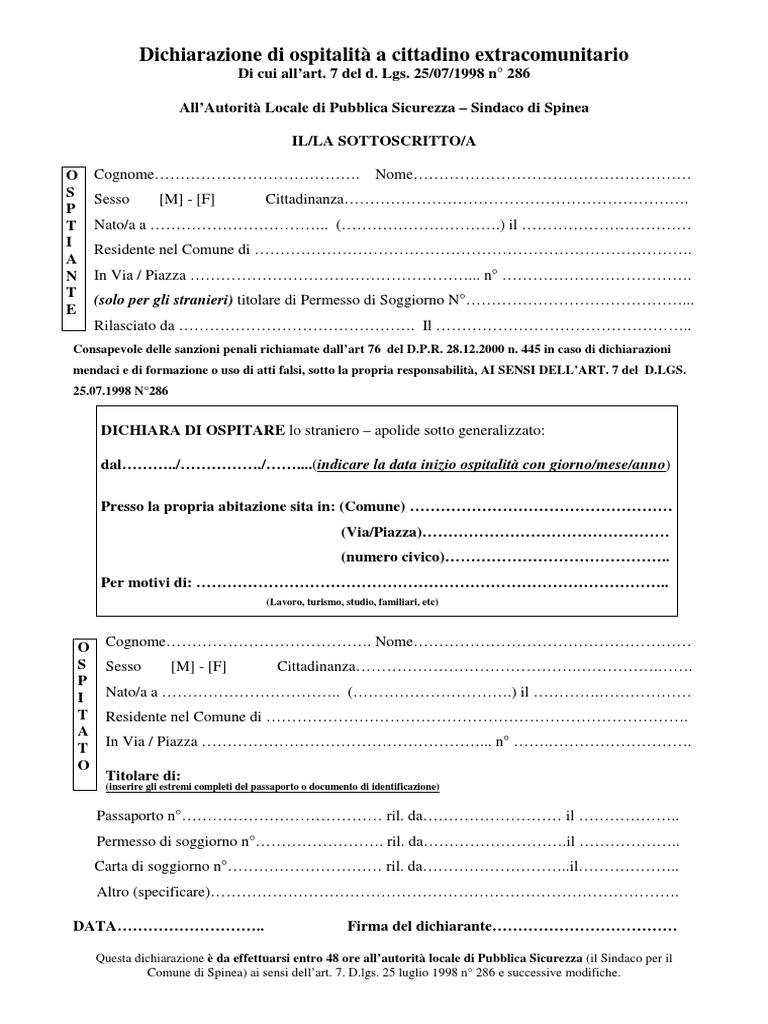 Dichiarazione Di Ospitalità Cittadino Extracee | PDF