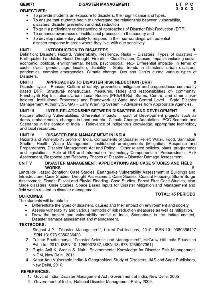 Disaster Management Course Syllabus | PDF | Disaster Risk Reduction ...