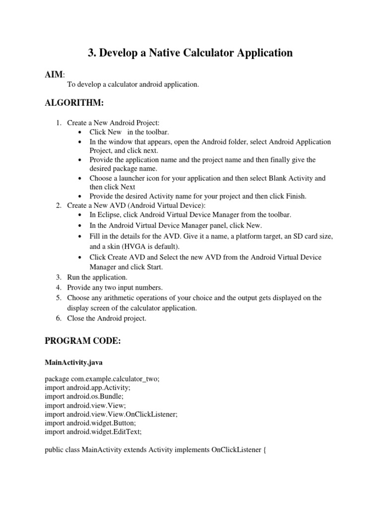 Develop A Native Calculator Application: Mainactivity - Java | PDF | Android (Operating System ...