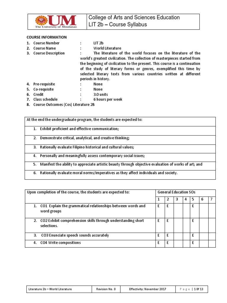 Lit 2b - Course Syllabus-Final | PDF | Epic Poetry | Poetry