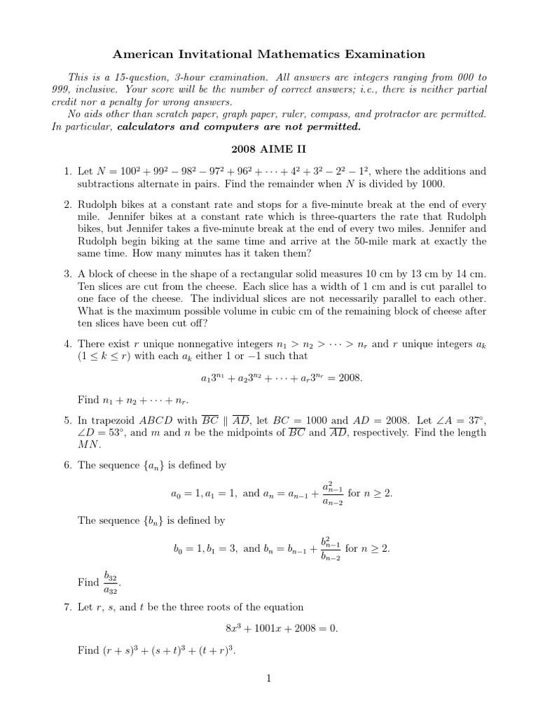 American Invitational Mathematics Examination | Download Free PDF ...
