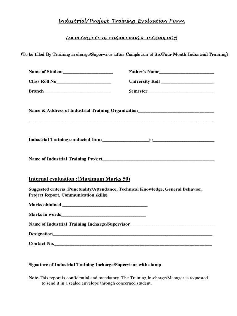 6 Month Industrial Training Evaluation Form - UIET (Word Format) | PDF