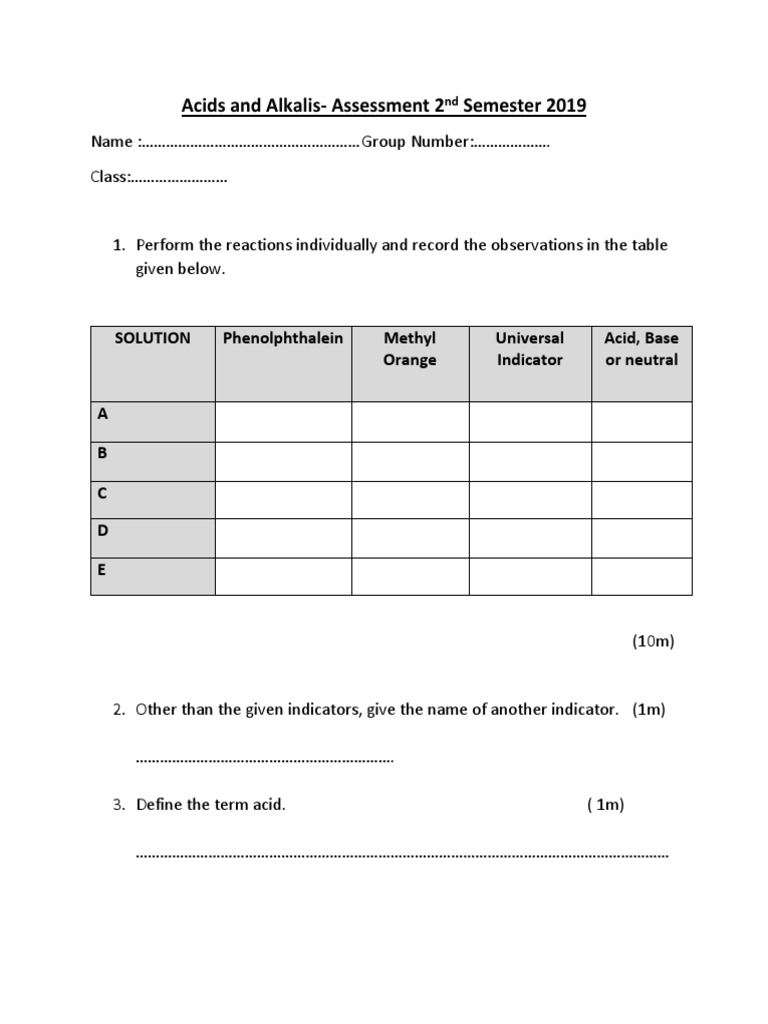 Acids and Alkalis Assessment | PDF | Acid | Chemical Compounds