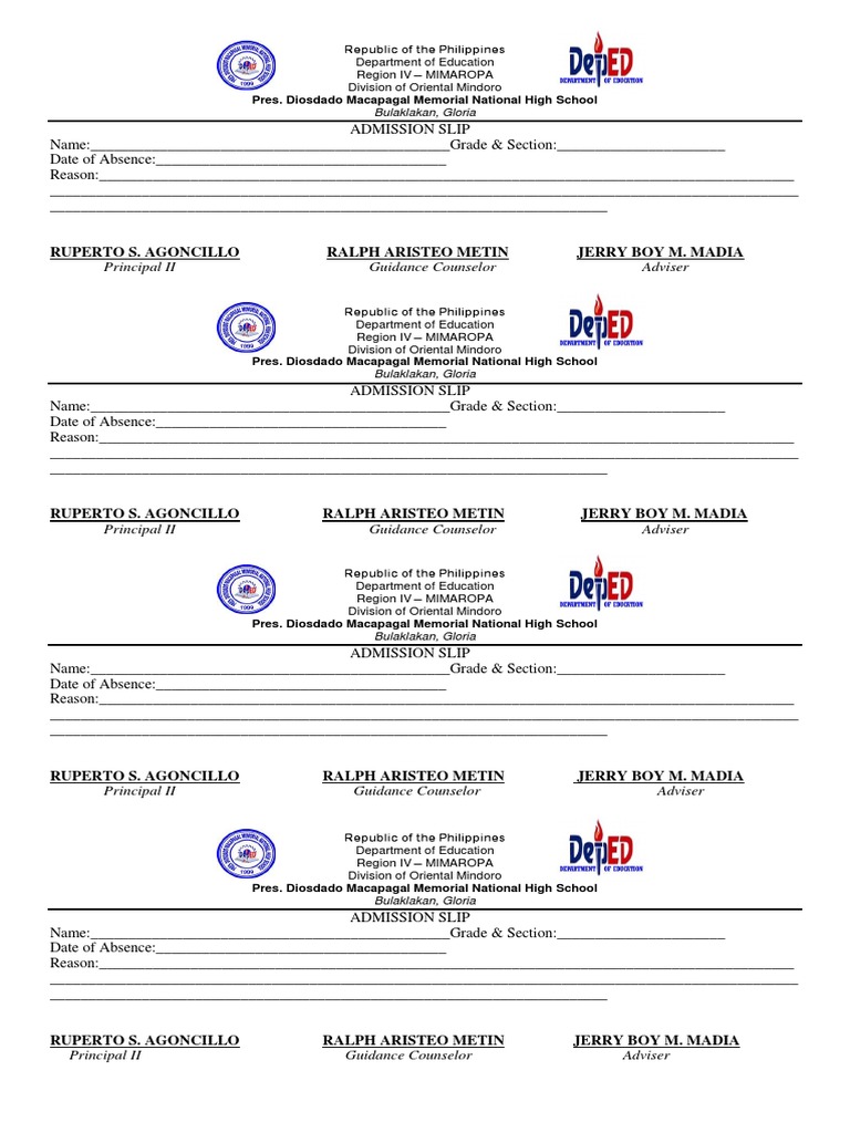Admission Slip | PDF | Philippines | Government