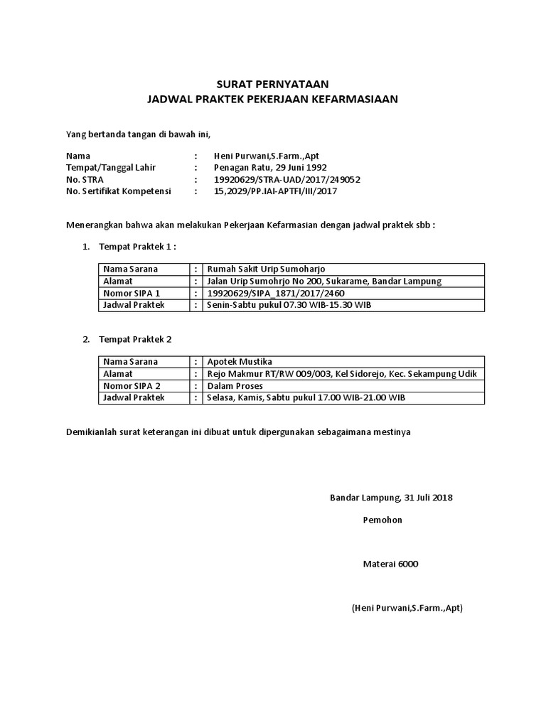 SURAT PERNYATAAN JADWAL PRAKTEK APT | PDF