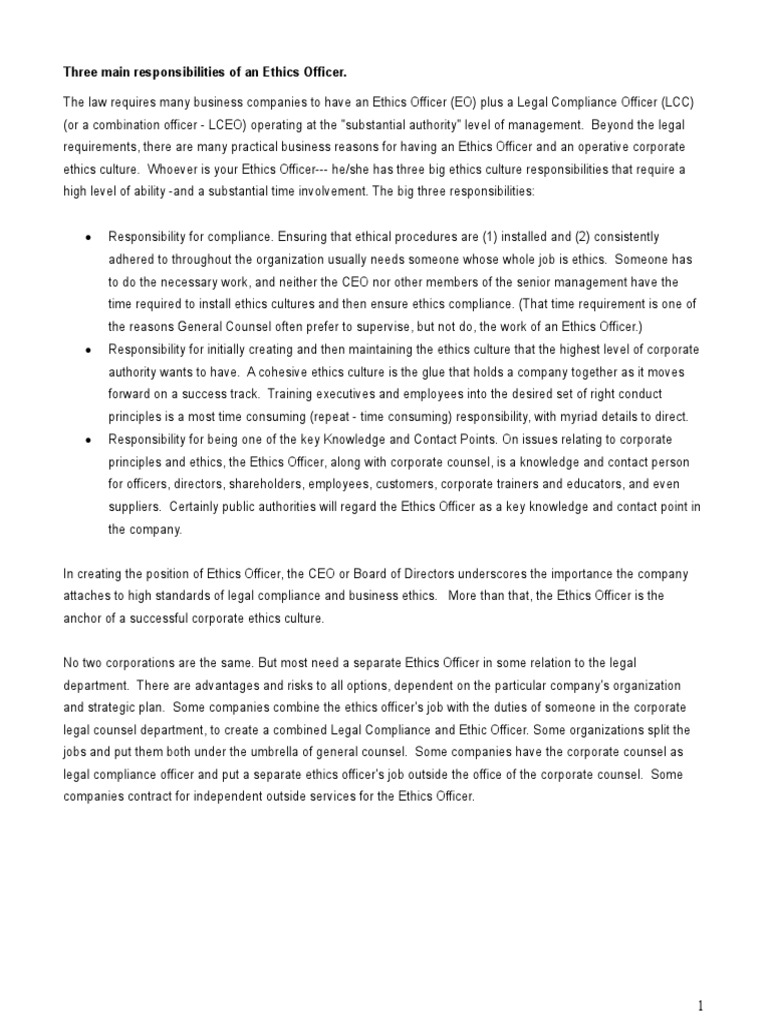 Three Main Responsibilities of An Ethics Officer | PDF | Regulatory ...