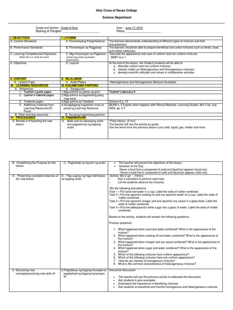 Detailed Lesson Plan Autosaved | PDF | Homogeneity And Heterogeneity | Mixture