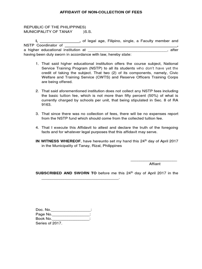 Affidavit of Non-Collection of Fees | PDF