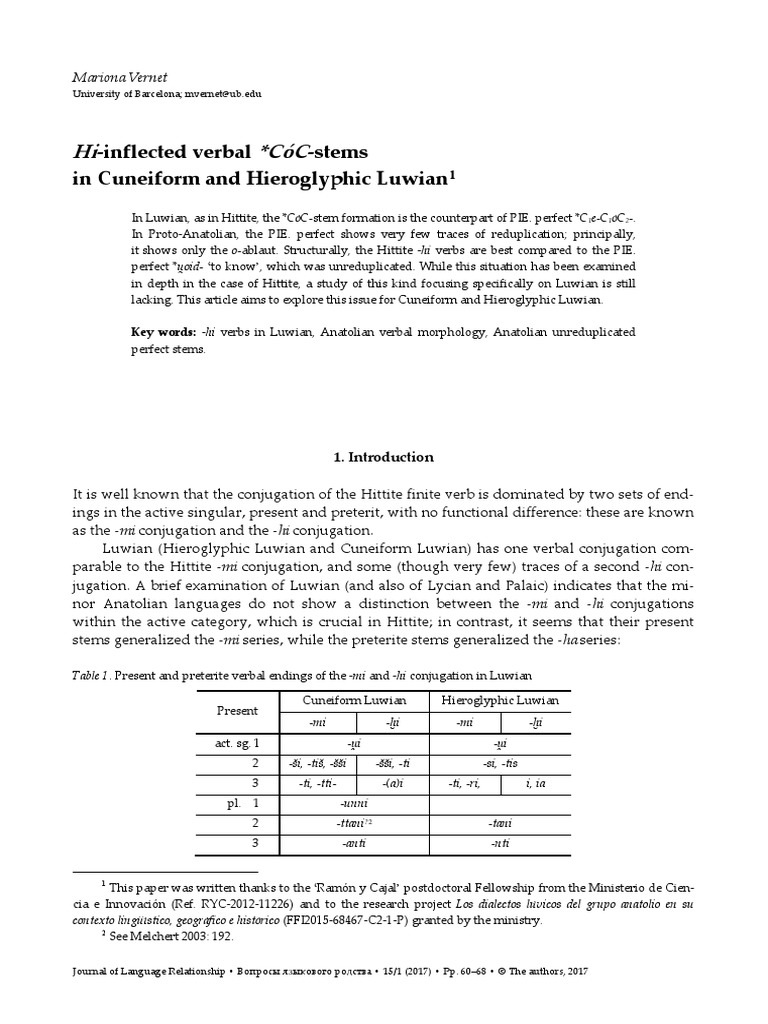 Hi Cóc: - Inflected Verbal - Stems in Cuneiform and Hieroglyphic Luwian ...