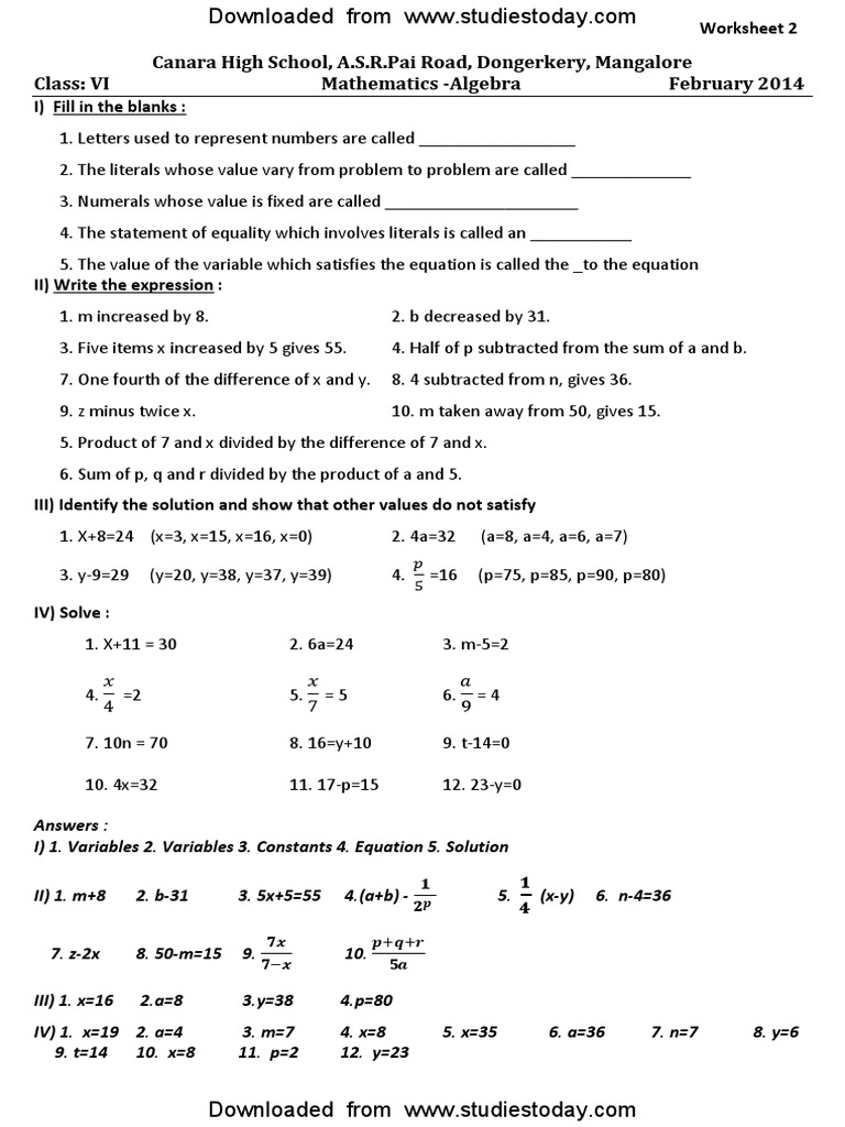 CBSE Class 6 Algebra Worksheet | PDF | Variable (Mathematics) | Equations