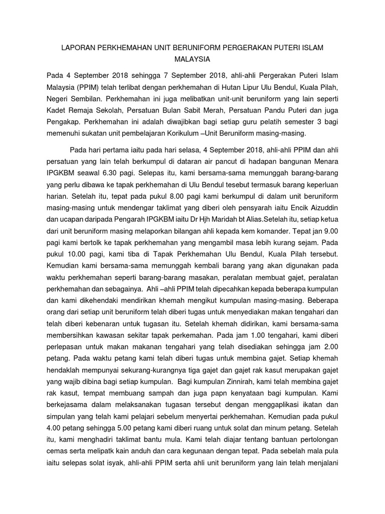 Laporan Perkhemahan Unit Beruniform Pergerakan Puteri Islam Malaysia | PDF