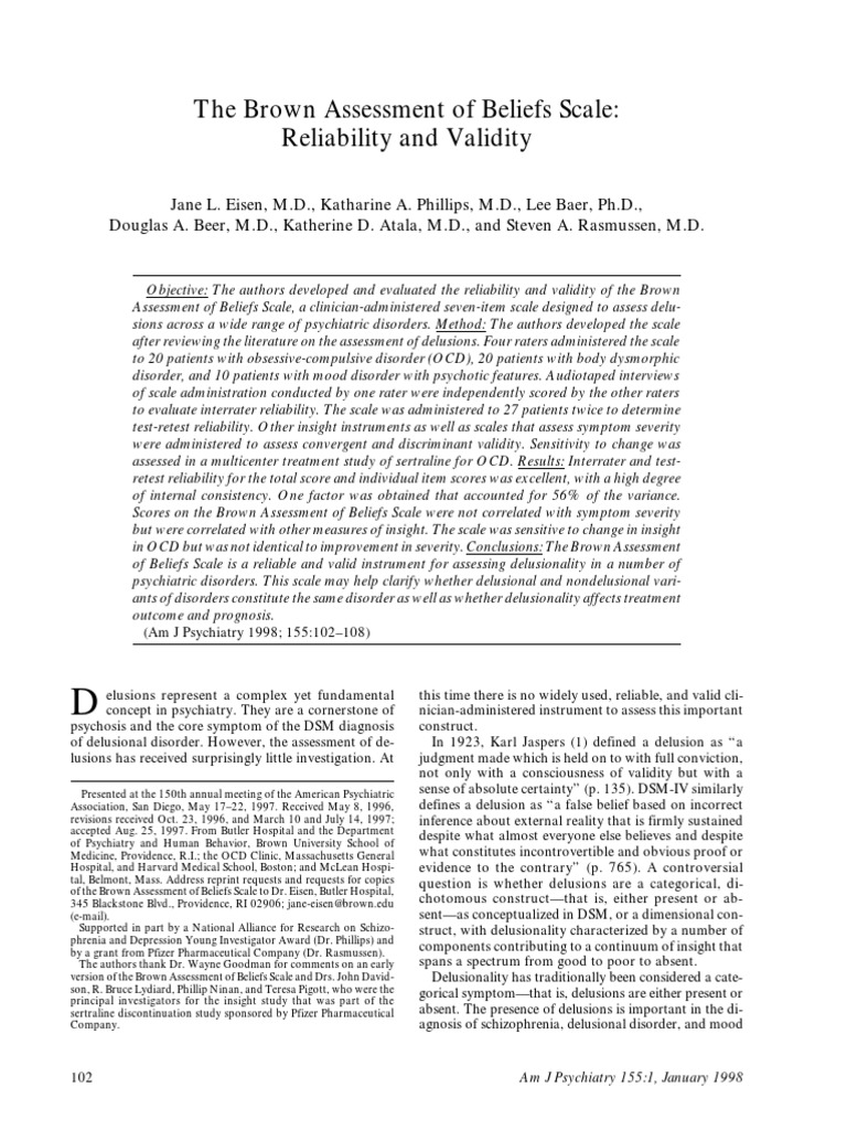 Brown Assessment of Beliefs Scale Validity | PDF | Delusion | Mental ...