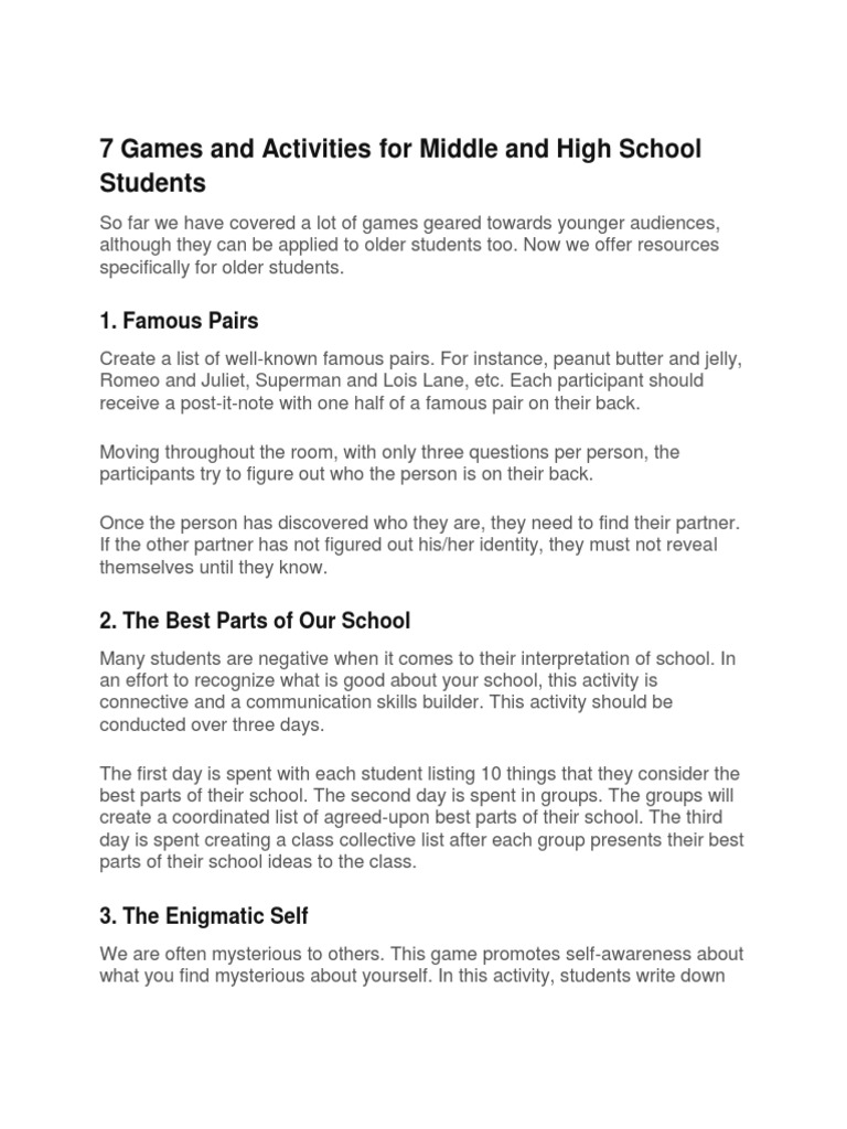 Engaging Games for High School Students | PDF | Mentorship ...