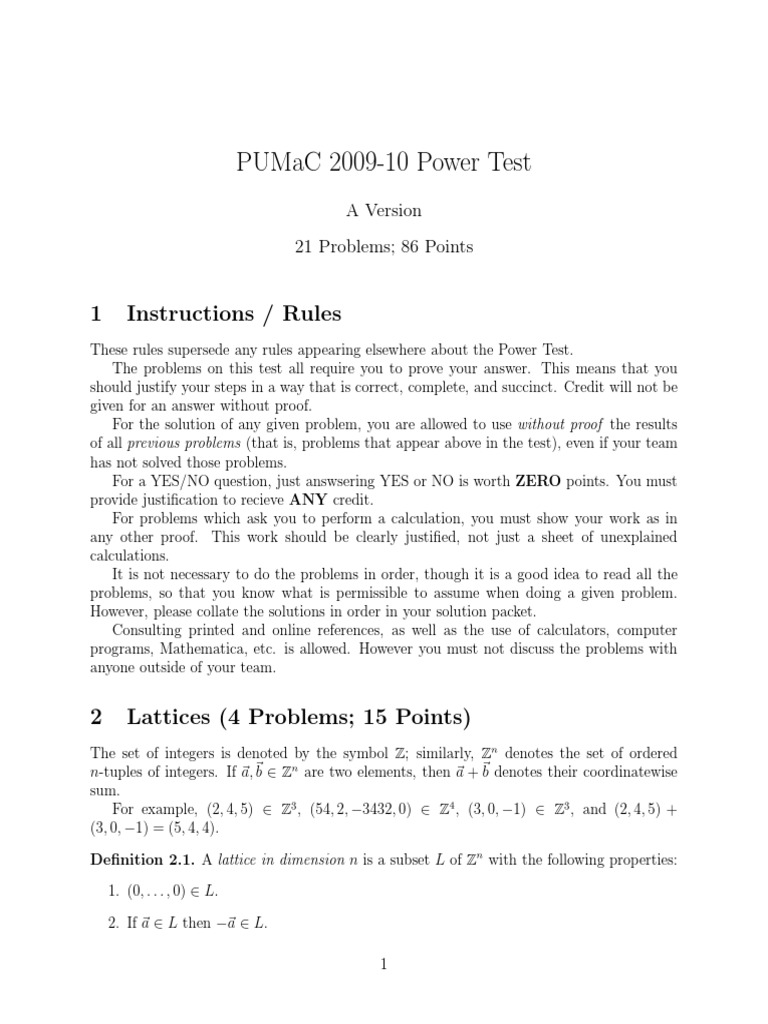 Pumac 2009-10 Power Test: 1 Instructions / Rules | PDF | Lattice (Group ...