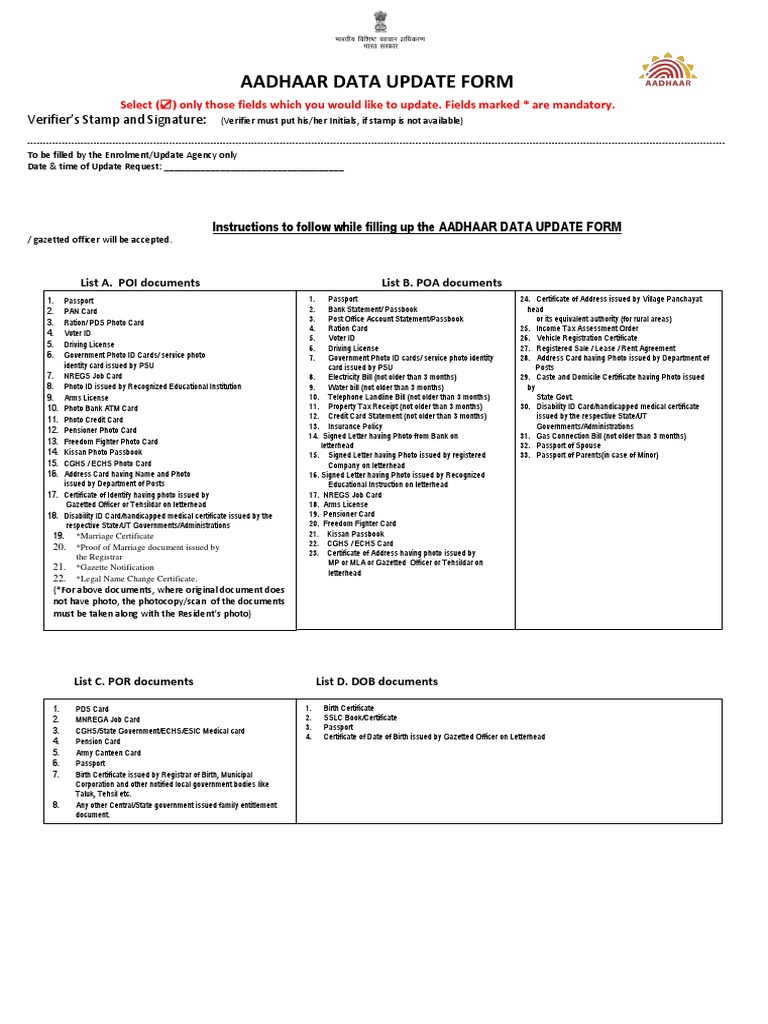 Instructions To Follow While Filling Up The AADHAAR DATA UPDATE FORM ...