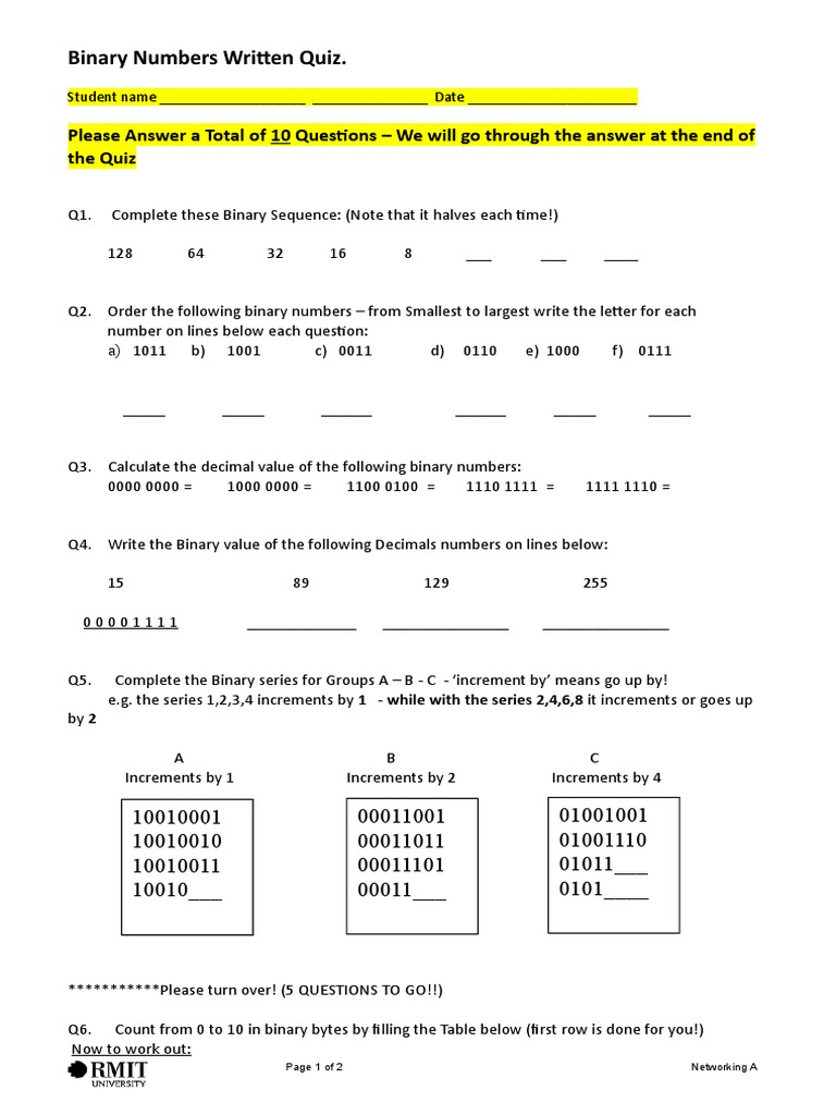 Binary Numbers Quiz Exercise | PDF | Bit | Discrete Mathematics Binary Numbers Quiz Exercise | PDF | Bit | Discrete Mathematics