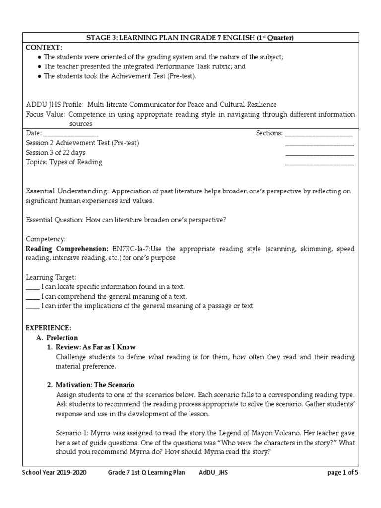 G7 1Q - Session 3 Reading Style | PDF | Speed Reading | Reading ...