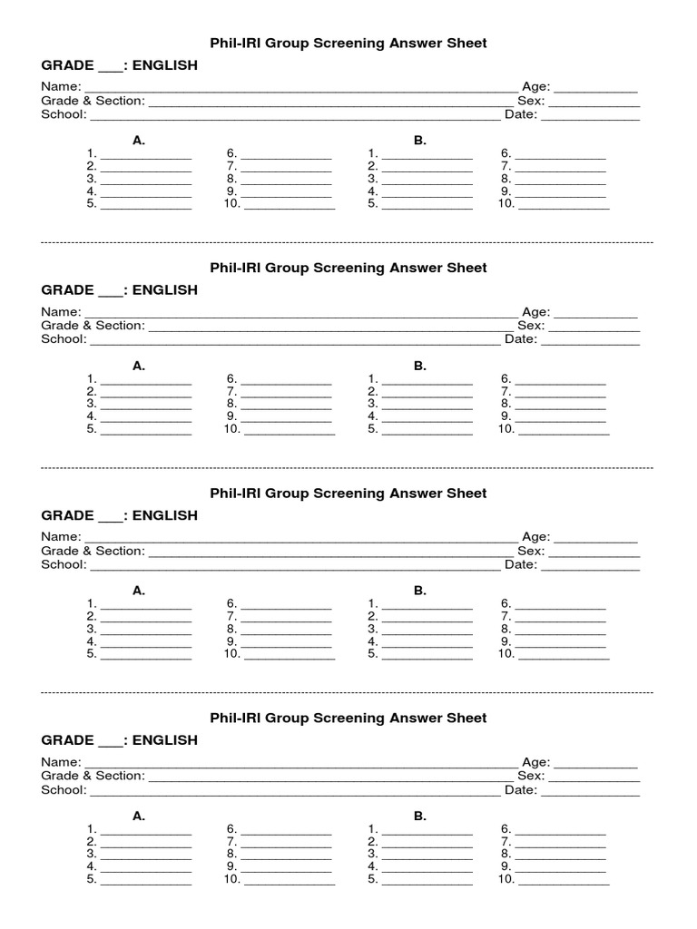 Phil-IRI Group Screening Answer Sheet Grade - : English | PDF