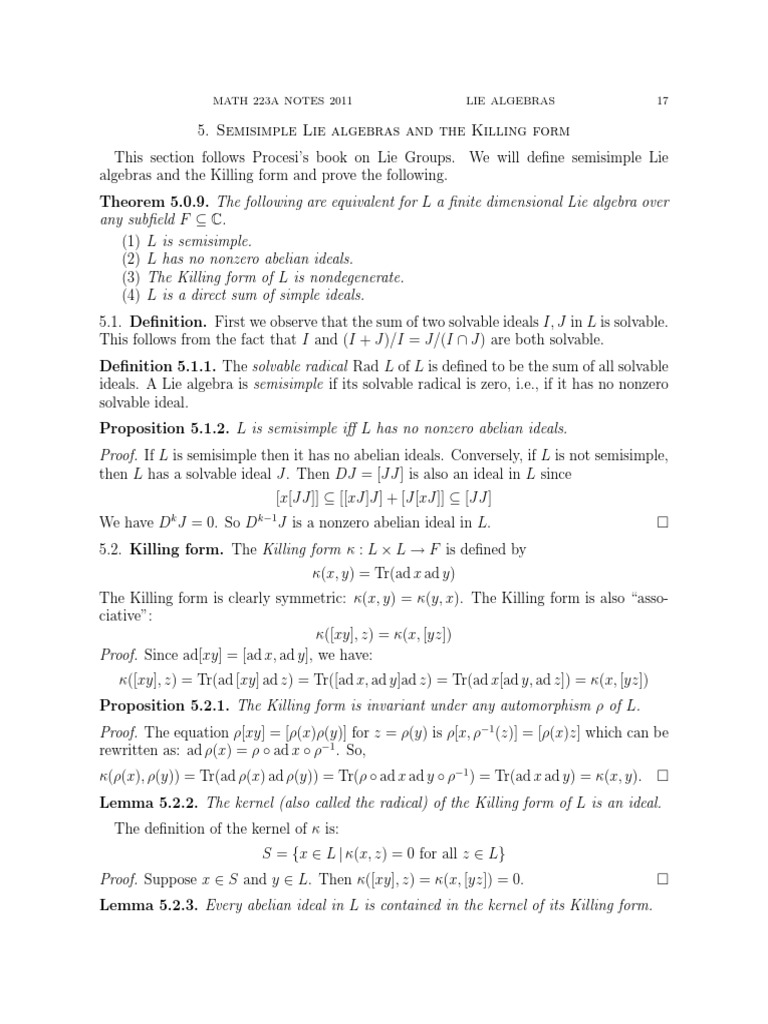 MATH 223A NOTES 2011 Lie Algebras 17 | PDF | Lie Algebra | Theoretical ...