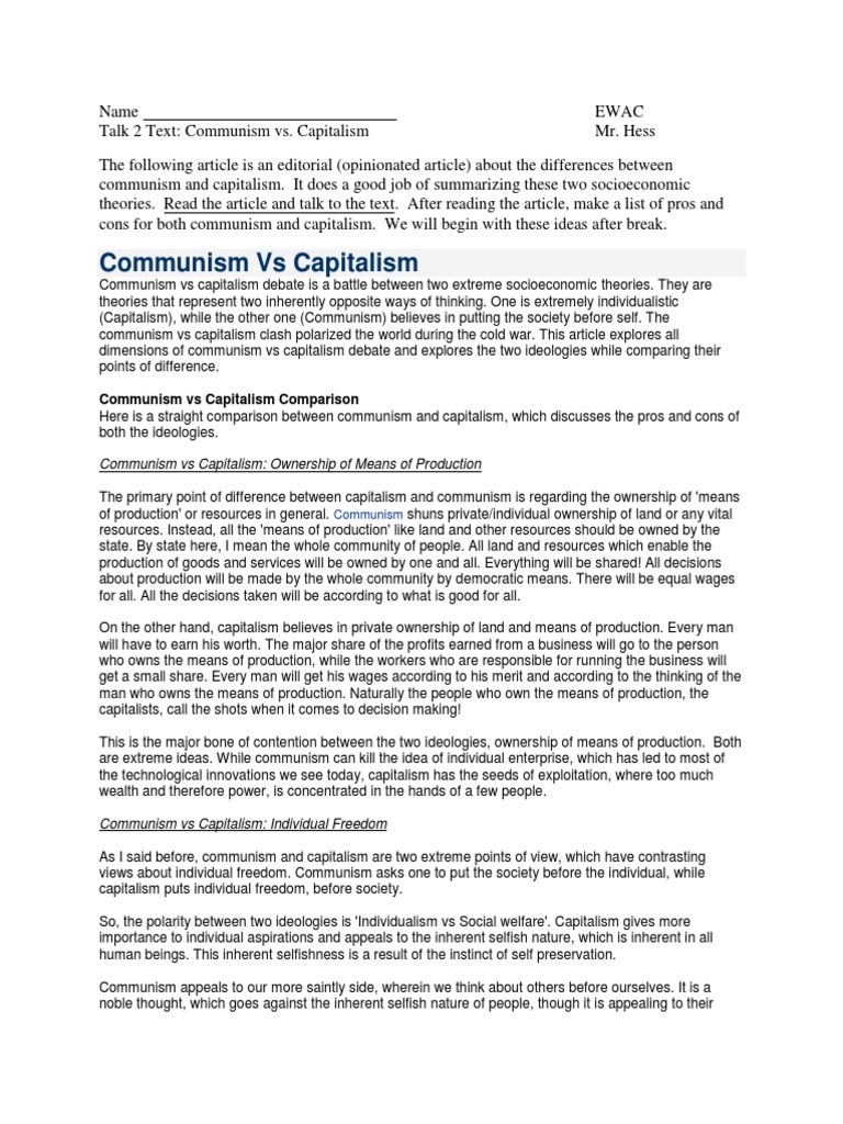 Communism vs Capitalism Overview Worksheet | PDF | Capitalism | Communism
