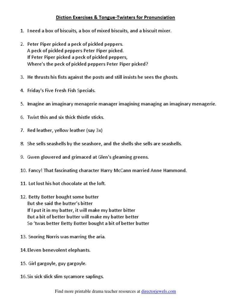 Drama Teacher Resource Free Printable Tongue Twisters | PDF | Nature