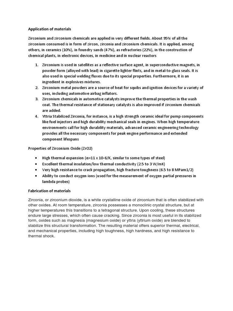 Application and Fabrication of Materials (ZrO2) | PDF | Zirconium ...
