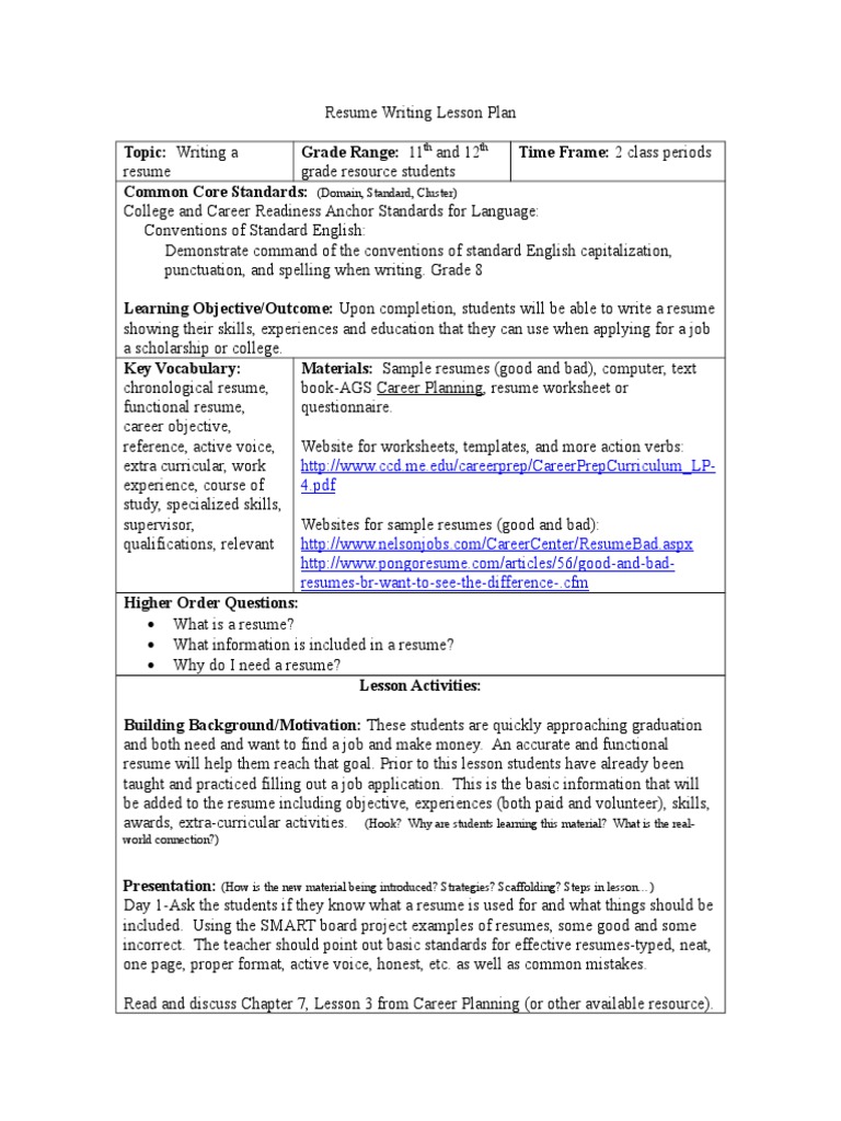 High School Resume Writing Plan | PDF | Rubric (Academic) | Learning
