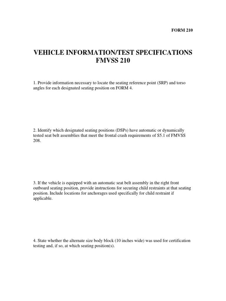 Vehicle Information/Test Specifications FMVSS 210: FORM 210 | PDF