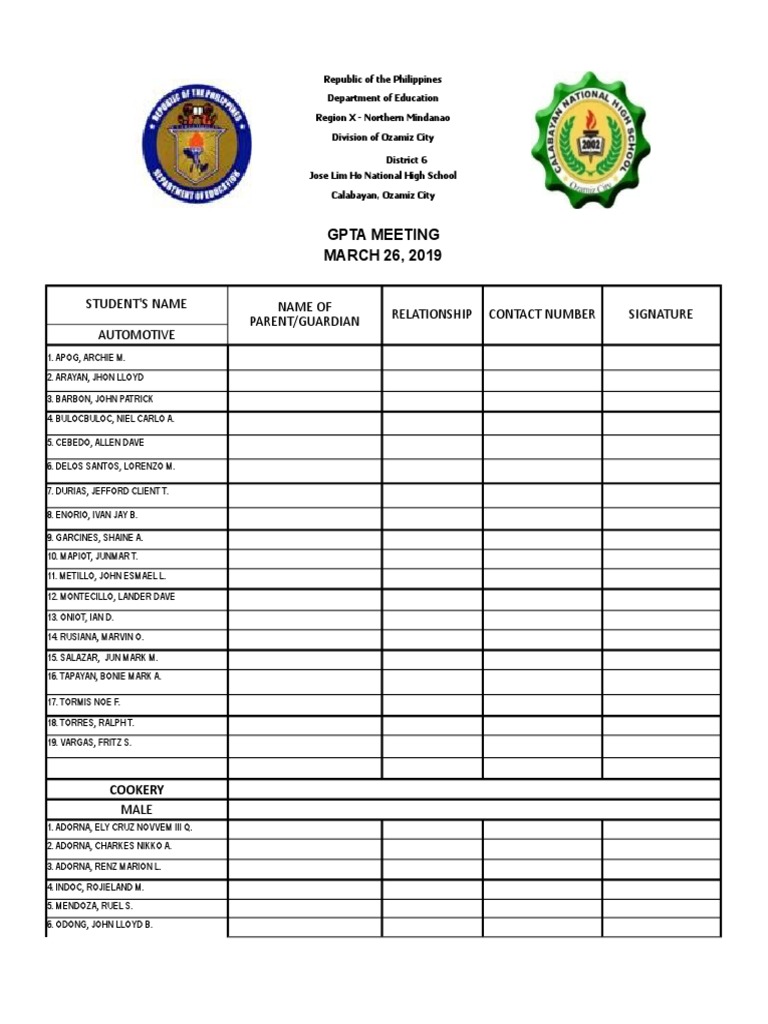 Gpta Meeting MARCH 26, 2019: Student'S Name Relationship Contact Number ...
