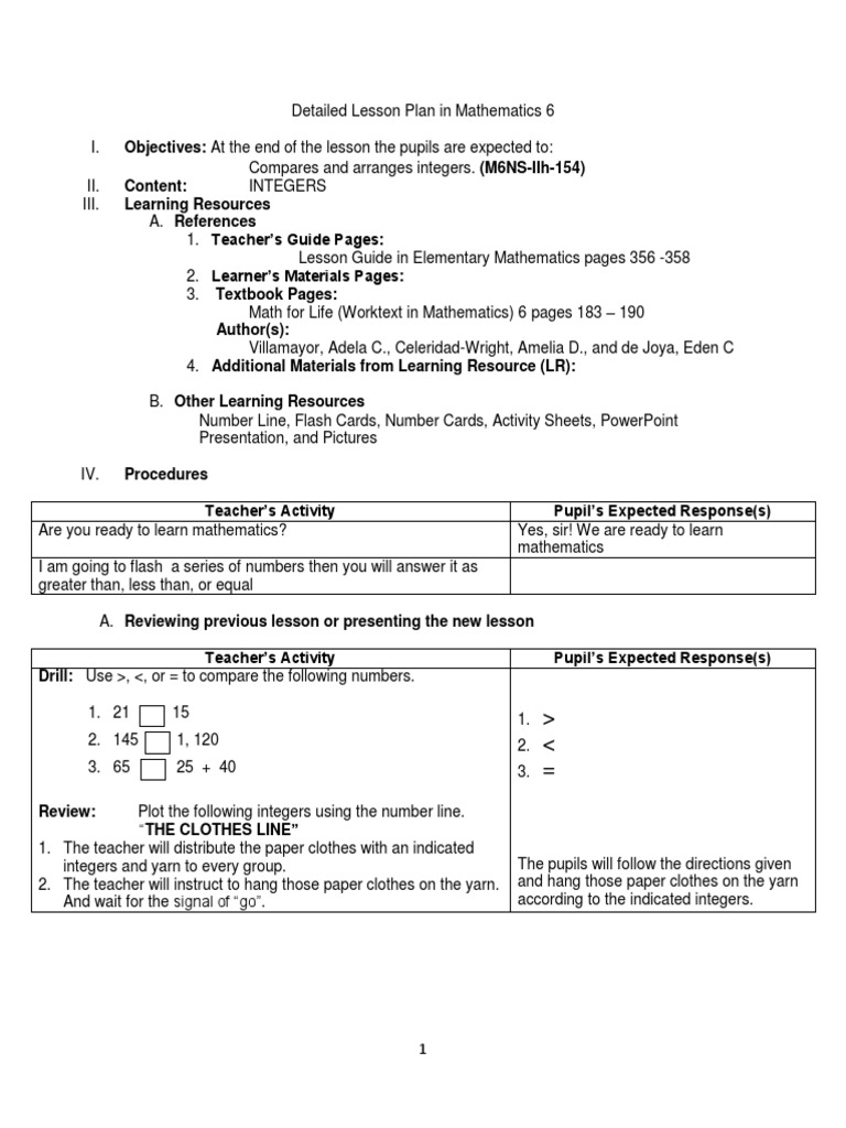 Detailed Lesson Plan in Mathematics 6 | PDF | Lesson Plan | Behavior ...