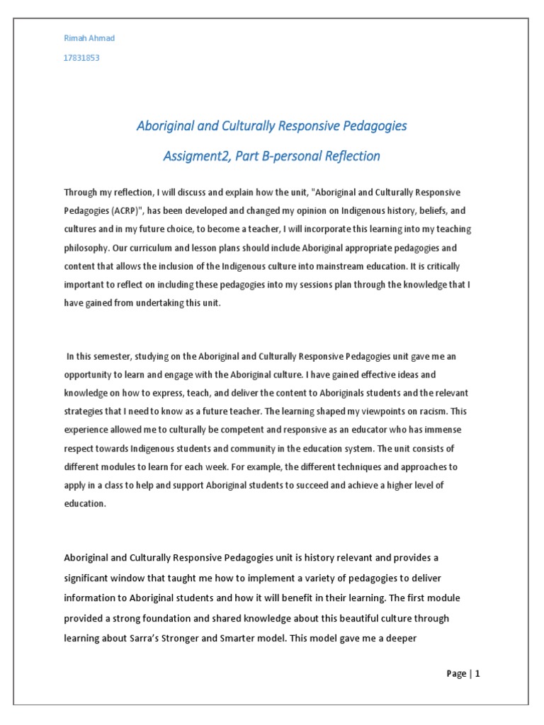 Aboriginal and Culturally Responsive Pedagogies Assigment2, Part B ...